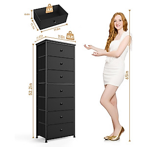 Tall Fabric Dresser for Bedroom, Vertical Storage Organizer Tower with 7 Drawers, Chest of Drawers with Bins, Steel Frame, Wood Top for Bedroom, Closet, Entryway Black