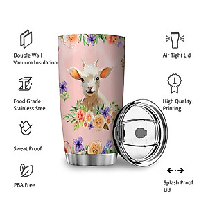 Goat Tumbler With Flip Lid - Flower Stainless Steel Insulated Travel Mug for Hot and Cold Drinks, Hiking, Camping, Office - 20oz Coffee Cup
