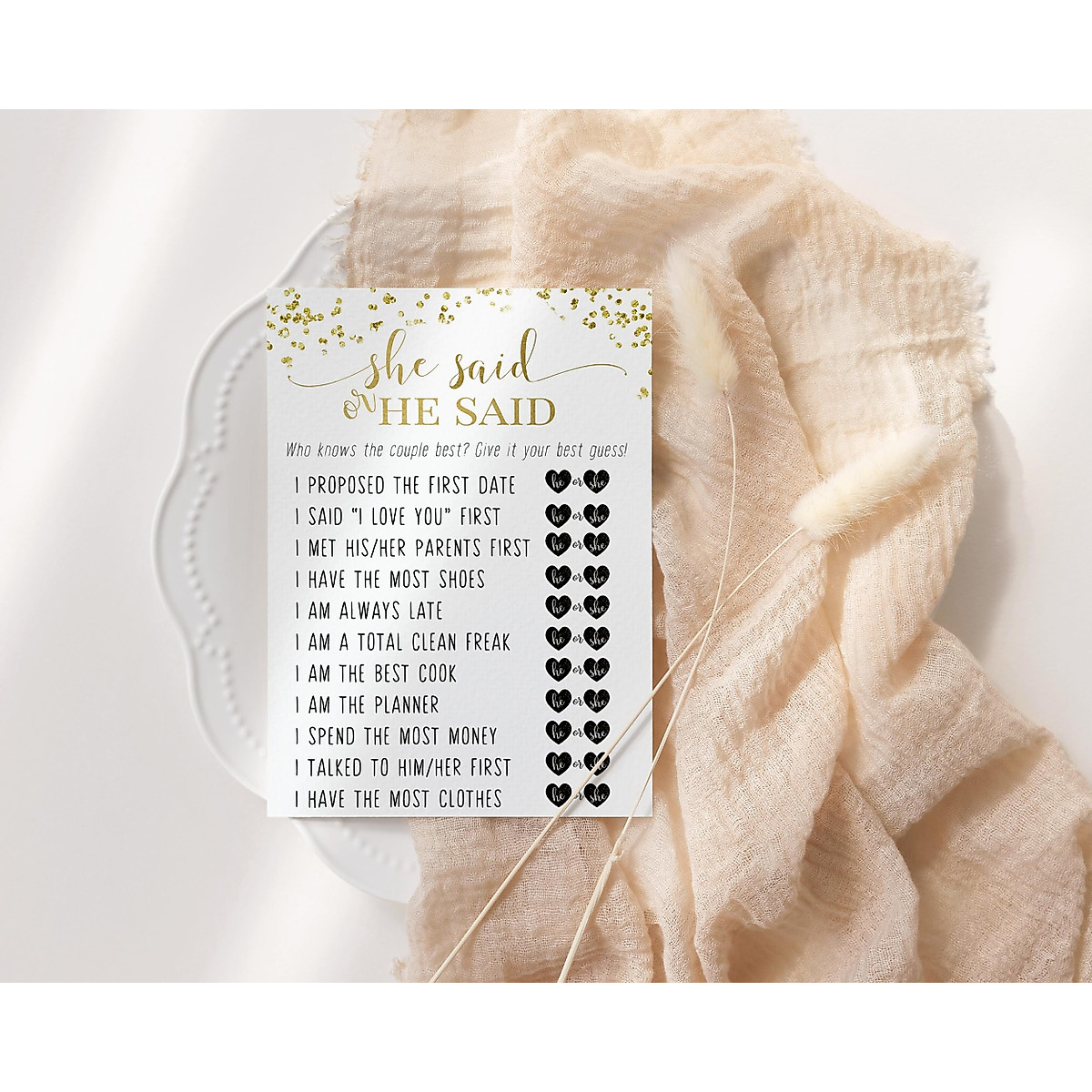 Black and Gold Bridal Shower Game He or She Said – 25 Pack, Couples Wedding Engagement Party Games, Reception Decor and Ideas, Fun Bridal Shower Guest Activities