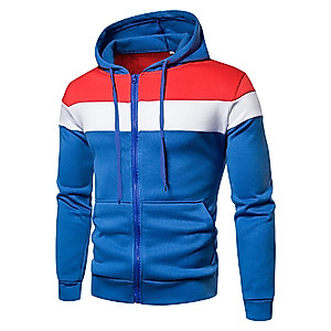 Maiyifu-GJ Men Zip Up Color Block Hoodies Blend Fleece Long Sleeve Sweatshirt with Kanga Pockets Zip Front Slim Hooded Hoodie (Blue,Large)