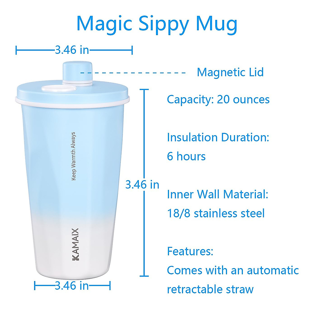 Reginsnow 20oz Insulated Coffee Mug with Lid, Double Wall Stainless Steel Vacuum Insulated Tumbler Cup, Travel Coffee Cup Thermal Cup for Home and Office, Outdoor & Car - Blue to White