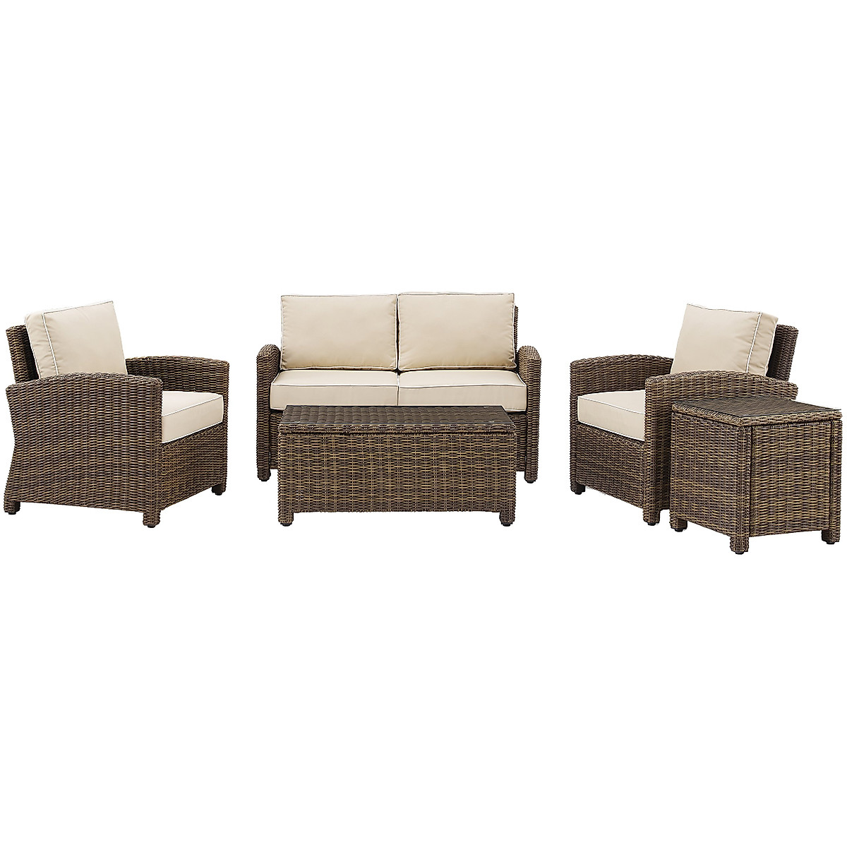 Crosley Furniture Bradenton 5-Piece Outdoor Loveseat Patio Furniture Set, Wicker Conversation Sets for Porch, Brown with Sand Cushions