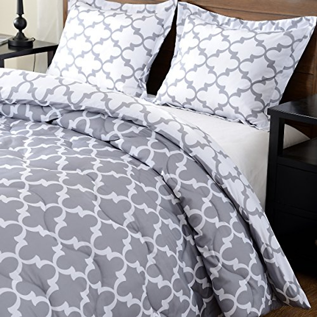 downluxe Lightweight Printed Comforter Set (King,Grey) with 2 Pillow Shams - 3-Piece Set - Down Alternative Reversible Comforter