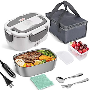 Electric Lunch Box,2 In 1 Portable Lunch Box Food Heater Upgraded Sealing Ring Waterproof And Leak-Proof For Car/Truck And Work 12v 110v 55w ,Stainless Steel Container Spoon Fork&Handbag