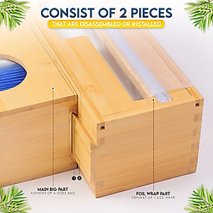 Wooden Ziplock Bag Organizer For drawer - Comes With Adjustable Foil or Plastic Wrap Dispenser With Cutter For Kitchen Drawer Organization and Storage - Zip Lock Bag Organizer Use in 1 or 2 Places