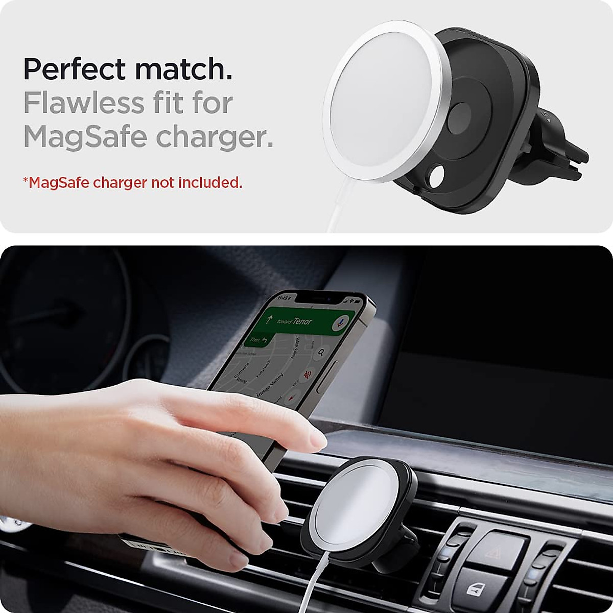 Spigen Mag Fit Phone Holder Car Mount Designed for Magsafe Compatible with iPhone 15 Pro Max, 15 Pro, 15 Plus, 15, 14, 13, and 12 Series (Charger Not Included)(Requires USB-C Car Charger) - Black