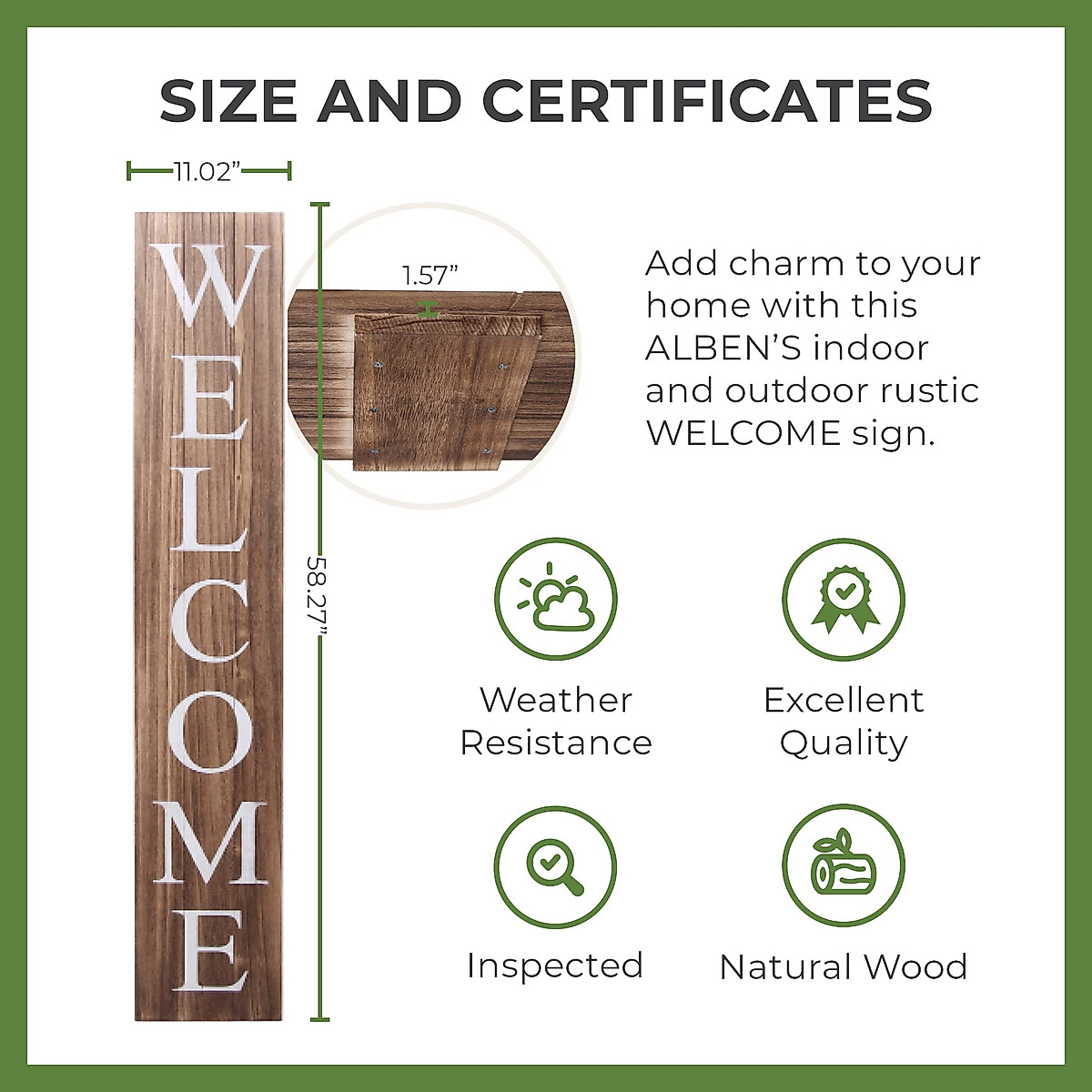 ALBEN Premium Extra Large Welcome Sign for Front Door Porch – 5 Feet Tall (58" x 11") Standing Vertical Wooden Sign, Indoor Home Decor Wall Decorations (Brown)