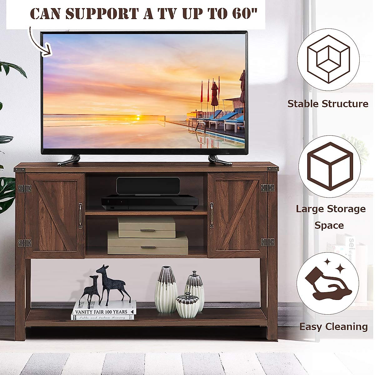 Tangkula TV Stand up to 60 Inches TVs, Modern Entertainment Center Stand with 2 Side Door Cabinets, Ample Storage Space, Multi-Functional Stand for Living Room Home Office Decor, TV Console (Brown)