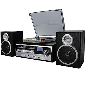 Trexonic 3-Speed Vinyl Turntable Home Stereo System with CD Player, FM Radio, Bluetooth, USB/SD Recording and Wired Shelf Speakers, Black (TRX-28SP)