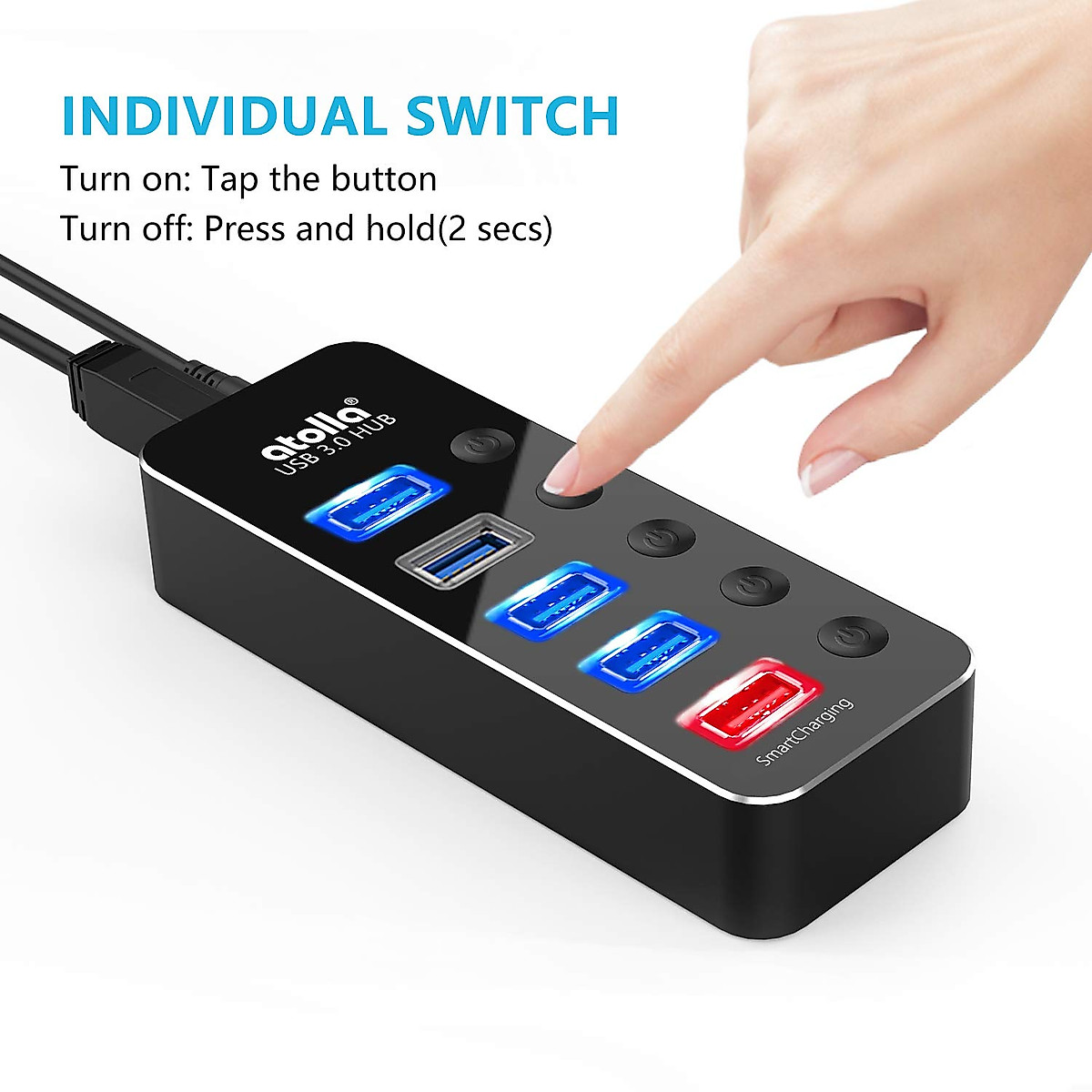 Powered USB Hub, atolla Aluminum 5-Port USB 3.0 Hub with 4 USB 3.0 Data Ports and 1 USB Smart Charging Port, USB Splitter with 5V/3A Power Adapter and Individual Switches
