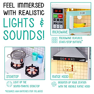 Lil’ Jumbl Kids Wooden Kitchen set, Pretend Working Sink with Real Running Water, includes Range Hood, Microwave & Stove Top That Make Realistic Sound & Light, Full Accessory Set Included