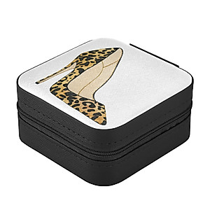 PU Leather Travel Jewelry Box Organizer Protable Small Travel Jewelry Case Mini Jewelry Boxes for Women Girls Leopard High-heeled Shoes Jewelry Organizer Storage Holder for Earring Ring Necklace