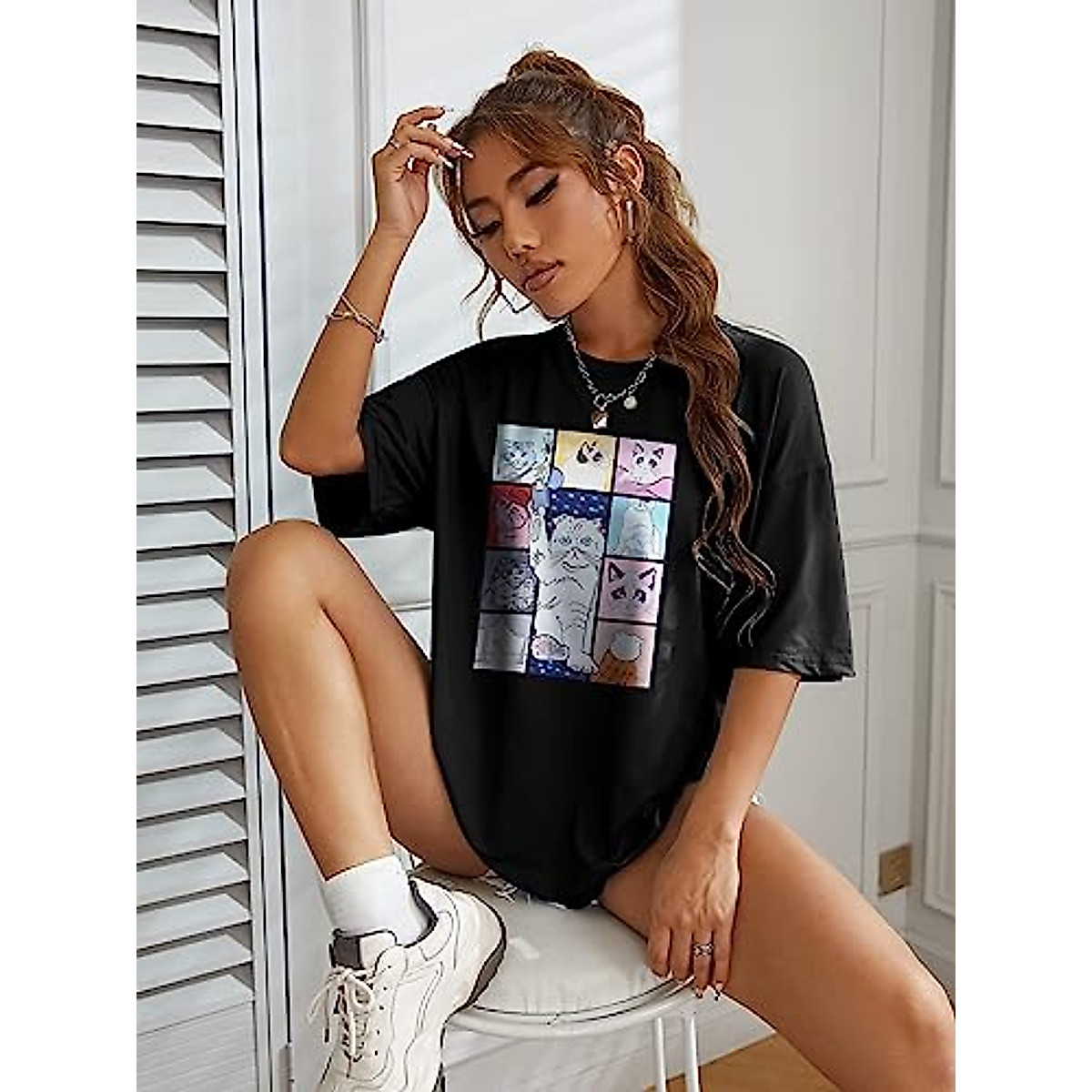 Women's Oversized T Shirts Country Music Shirts Swift Concert Outfits Funny Cat Lover Shirt Swift Fans Top Black