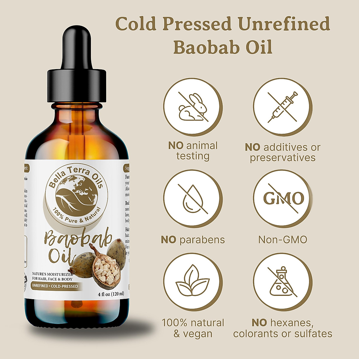 Bella Terra Oils - Baobab Oil 2oz - Infused with Polyphenols & Bioflavonoids, Unearth the Secrets of Nature for a Flawless Skin Appearance
