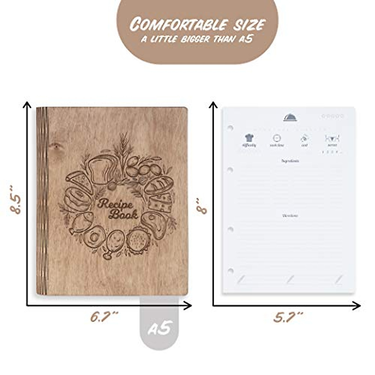 WOXTEED A5 Wooden Blank Recipe Book to Write in (7.5 x 6 inch) - Cook Book with 80 Sheets for Handwritten Recipes - Hardcover Family Kitchen Journal and Recipe Keeper (Brown)