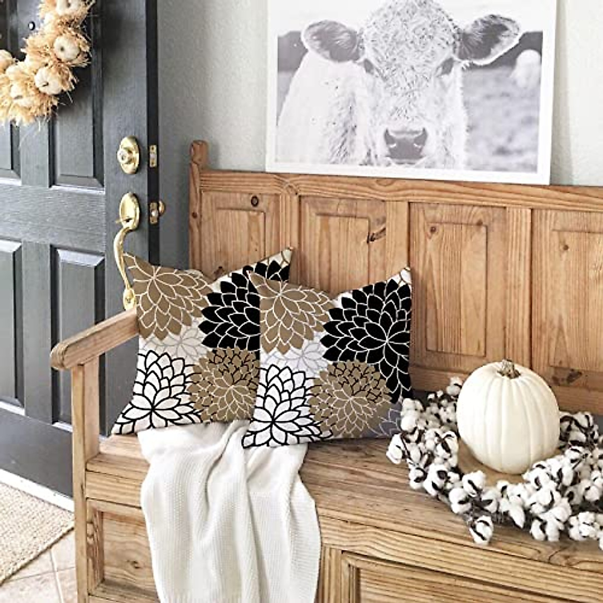 DFXSZ Outdoor Pillow Covers 18x18 inch Set of 2 Black Brown Summer Floral Outdoor Decorative Throw Pillows Flower Pillowcase Square Linen Cushion Case Decor for Home Sofa Couch Bed