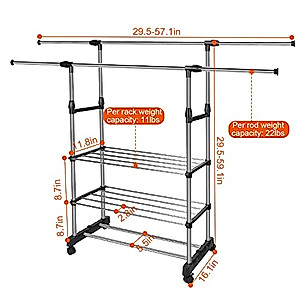 KOCASO Garment Rack with Wheels Double Rod Clothes Rack Clothing Rack with Shelves Rolling Clothes Rack