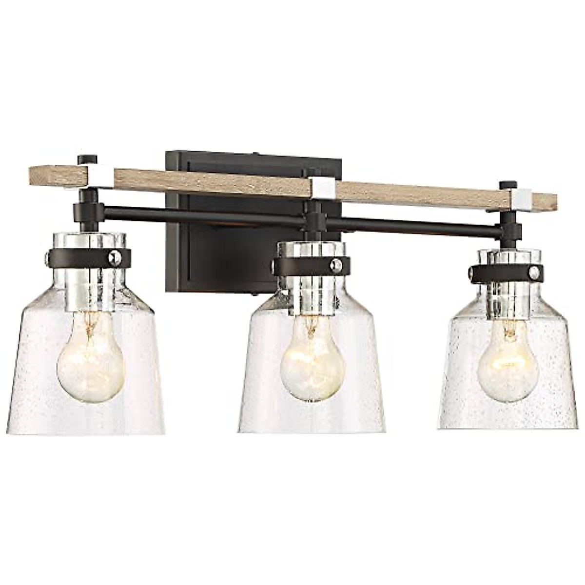 Possini Euro Design Broadway Modern Industrial Wall Light Black Painted Faux Wood Hardwired 23" 3-Light Fixture Clear Seedy Glass Shade for Bedroom Bedside Bathroom Vanity Living Room Hallway House