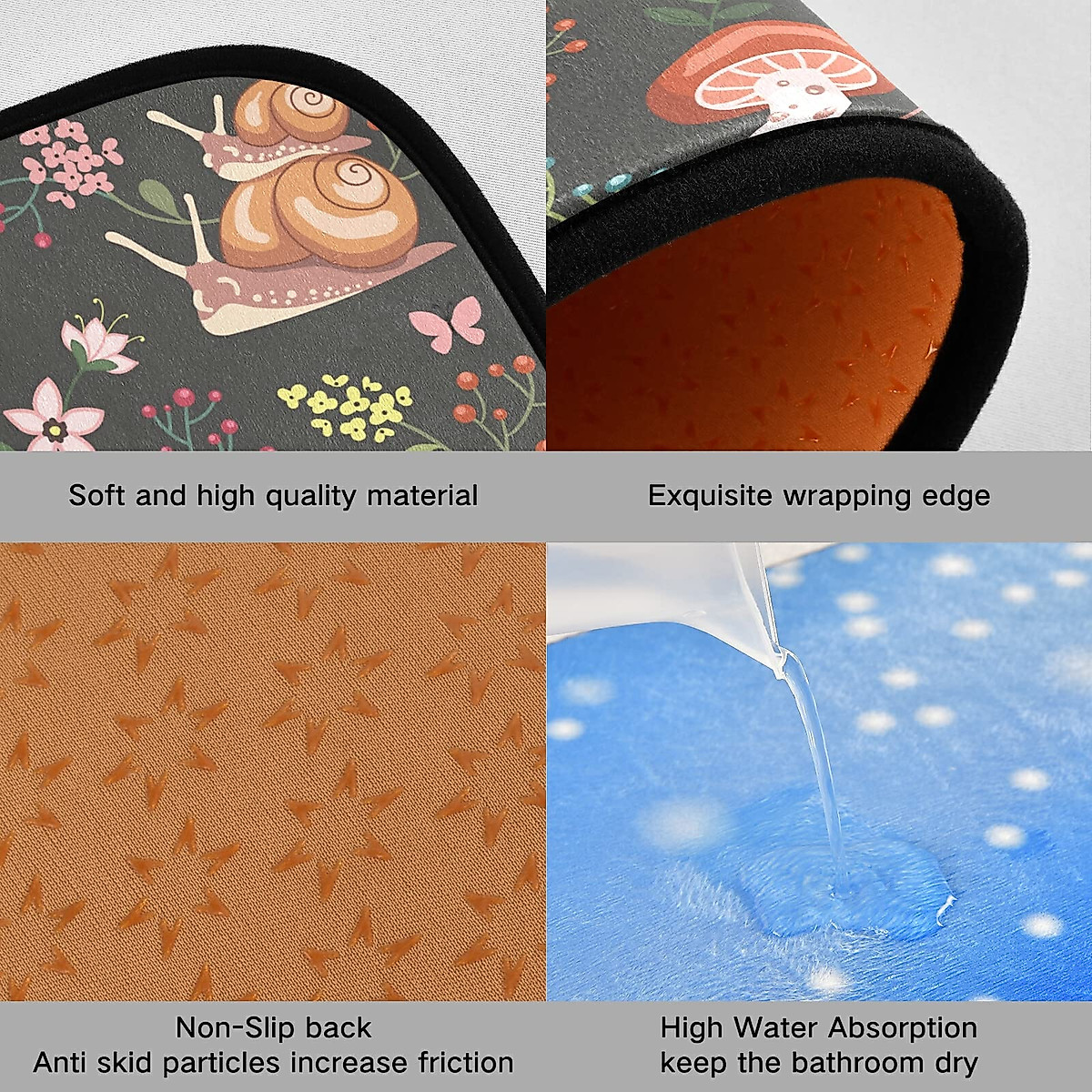 Mushroom with Snails Kitchen Mat Set of 2 Anti Fatigue Mat, Non Slip Cushioned Mat Runner Rug Doormat for Kitchen, Sink, Laundry, Bathroom, Home Decor