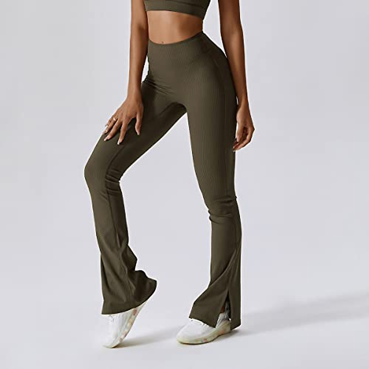 ABOCIW Women Ribbed Seamless Slit Hem Flared Leggings High Waist Bootcut Yoga Pants Tummy Control Workout Bootleg Pants Dark Green Medium