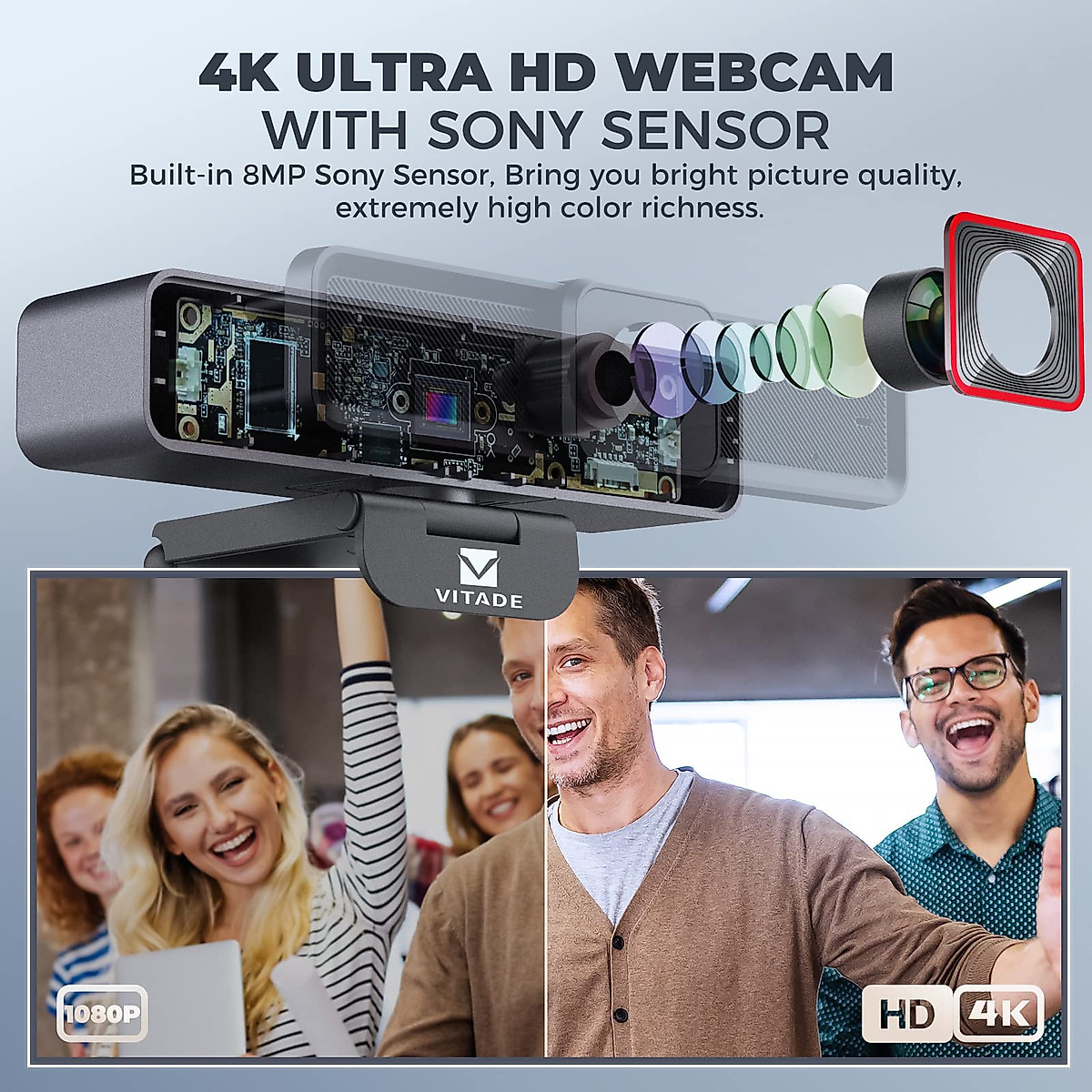 VITADE 4K Webcam with AI-Powered Framing,Remote Control Web Camera/10X Digital Zoom 4k 30fps Web cam with USB 3.0 HDR/Dual Noise Cancelling Microphones for PC Mac, Streaming, Video Call, Zoom, Skype