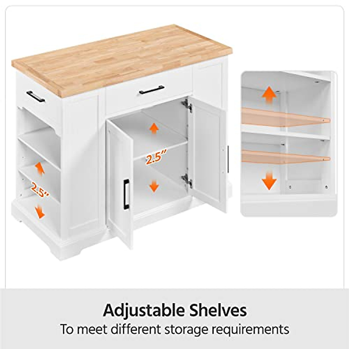 Yaheetech Rolling Kitchen Island Cart with 3 Drawers, Kitchen Storage Cabinet on Wheels with Open Shelves and Inner Adjustable Shelves for Dinning Room/Living Room, Thicker Rubberwood Top, White