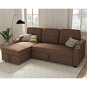 Ucloveria Reversible Sectional Sofa Couch, 82" Sleeper Sofa Bed with Storage Chaise Pull Out Couch Bed for Living Room L-Shape Lounge 2 in 1 Sectional Couch with Cup Holder, Yellow Brown