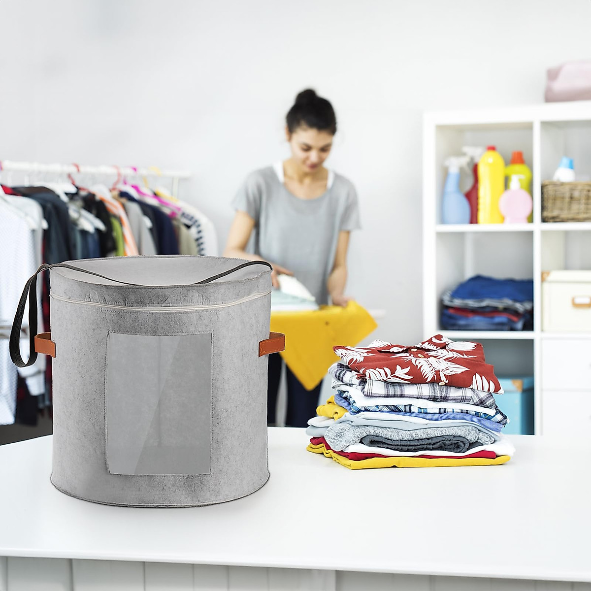 SOUJOY 2 Pack Hat Storage Box, 19" D x 17" H Foldable Felt Toy Storage Box with Lid, Large Round Travel Hat Bucket, Clothes Storage Bin for Men Women Hat Stuffed Animal Toy