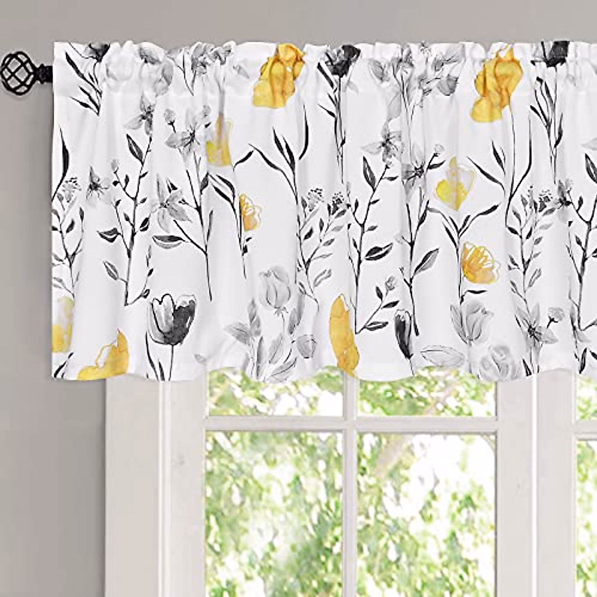 VERTKREA Valance Curtain, Yellow Flower Watercolor Valance for Window, Yellow Gray Floral Kitchen Curtains, Yellow White Rod Pocket Window Treatment Valance for Bathroom Basement, 52 x 18 Inches