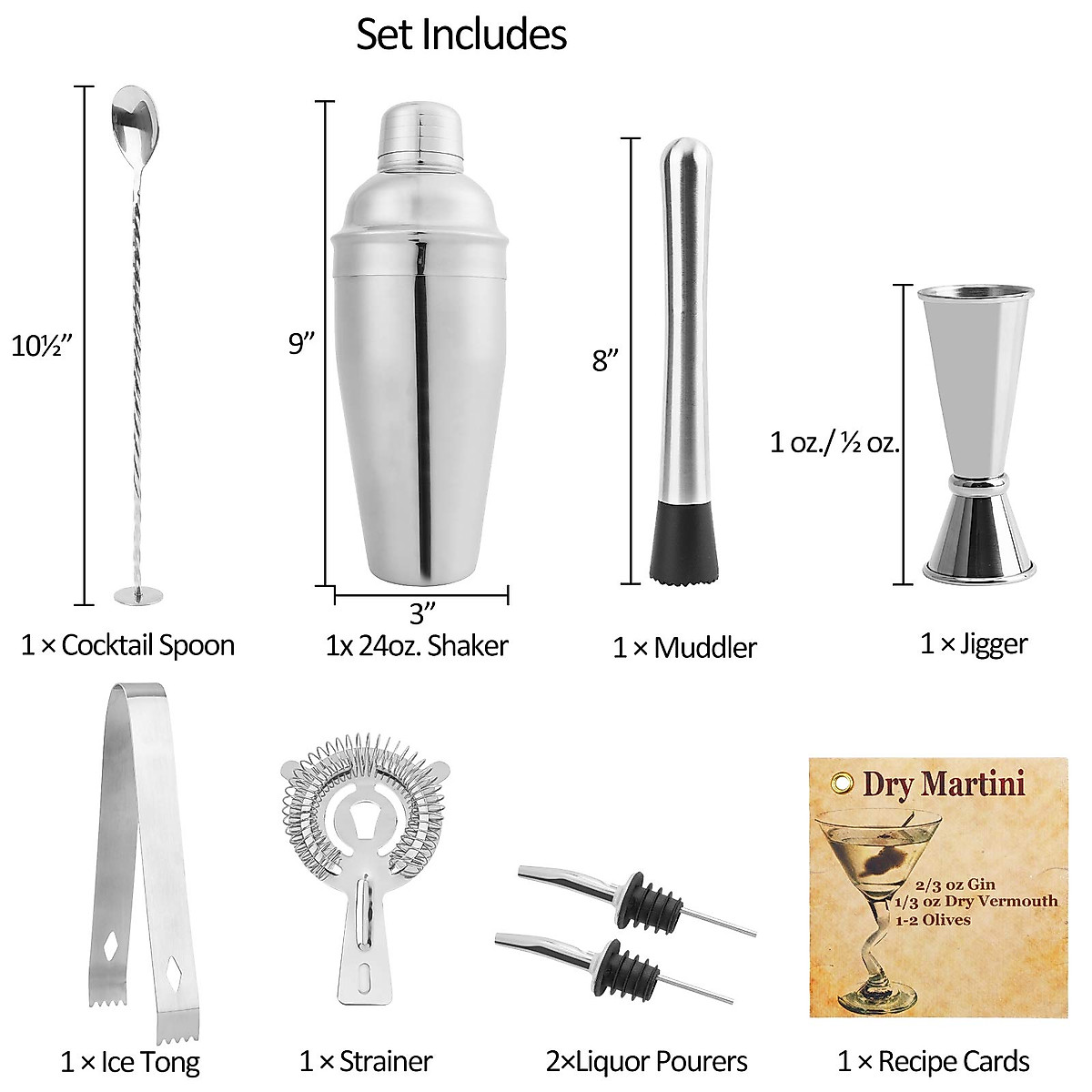 8 Piece Cocktail Shaker Set, Bartending Kit - 24 Ounce Cocktail Shaker, Spoon, Ice Tong, Muddler, Jigger, Strainer, Pourers