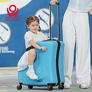 N-A AO WEI LA OW Duffel Bag for Kids Ride-On Suitcase Carry-On Luggage with Wheels (Blue, 24 Inch(suggest 6-12 years old))