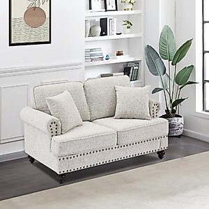 JEEOHEY 57" W Comfy Love Seat Sofa Couch,Chenille Fabric 2 Seater Sofa,Mid Century Modern Sofa,Deep Seat Sofa with Rolled Arms & Nailhead Trim for Living Room,Office,Apartment,Small Place(White)