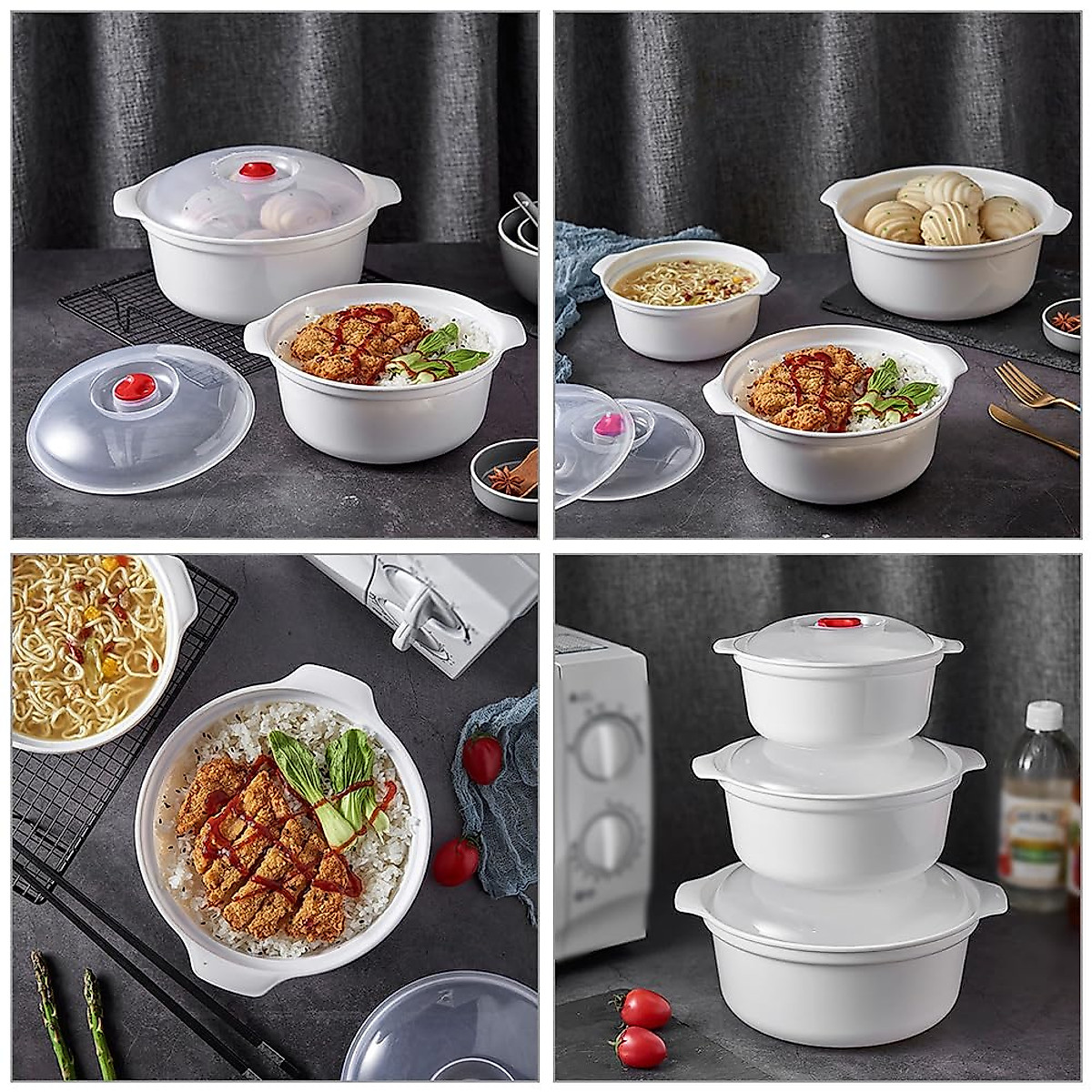 DEARMAMY Microwavable Bowls 3pcs Microwave Bowl with Lid and Steam Vents Plastic Food Storage Containers Kitchen Prep Bowls Office Lunch Box Airtight Storage Bowls White Microwave Soup Bowl