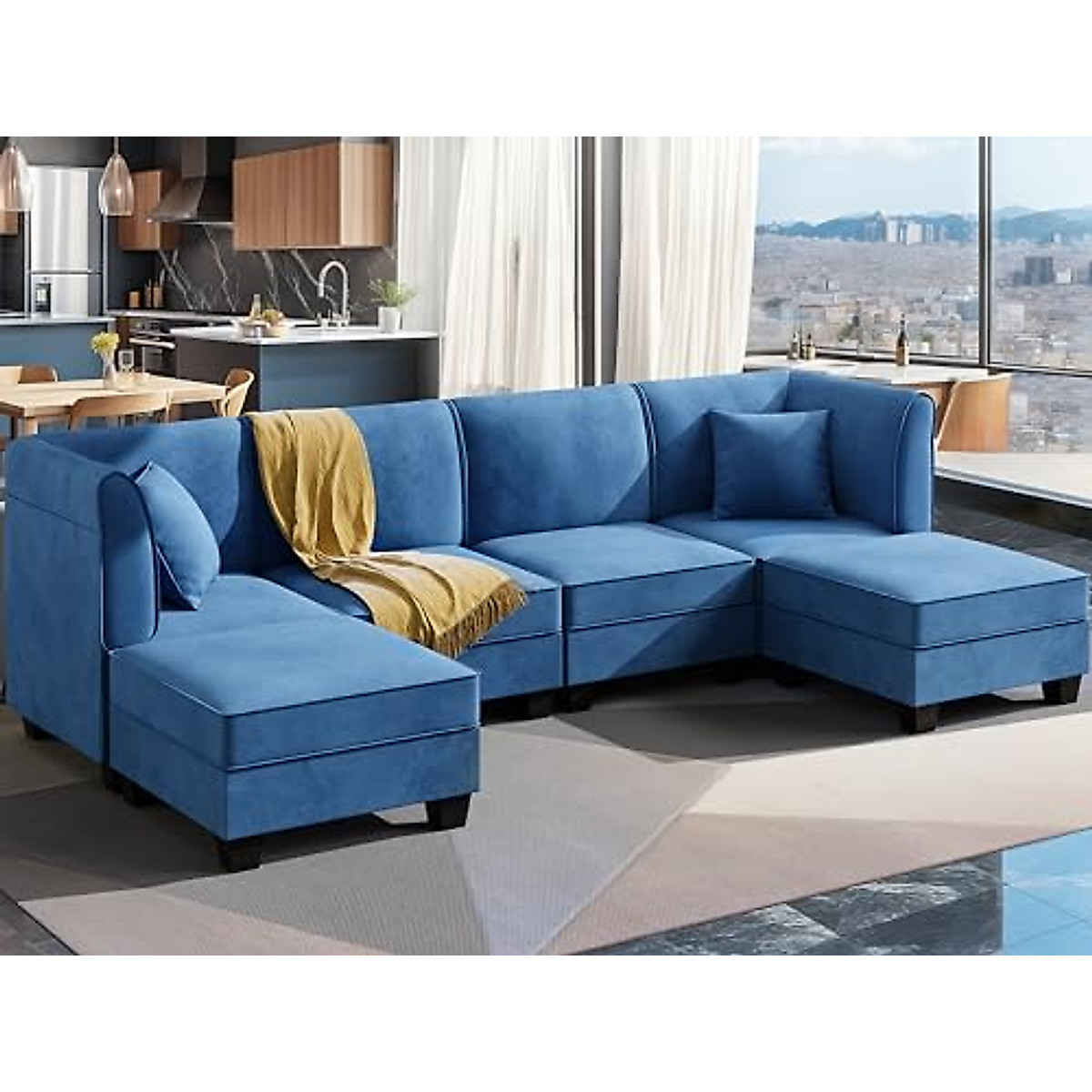 JAMFLY 116'' Modular Sectional Sofa with Reversible Chaise, U-Shape Convertible Sectional Sofa Couch with 6 Seats, Velvet Modern Sleeper Modular Couch with Ottomans for Living Room