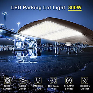 300W LED Parking Lot Light with Dusk to Dawn Photocell, 42000LM 5000K Dimmable Commercial Outdoor Light IP65 Waterproof LED Shoebox Pole Light with Slide Mount 100-277V AC DLC Certified (300)