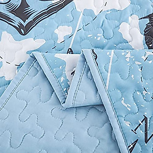 Dinjoy Nautical Ocean Quilt Set Queen Size, Blue Beach Coastal Themed Bedding Set Lighthouse Anchor Sailboat Pattern Microfiber Lightweight Summer Bedspread Coverlet Bed Set All Season