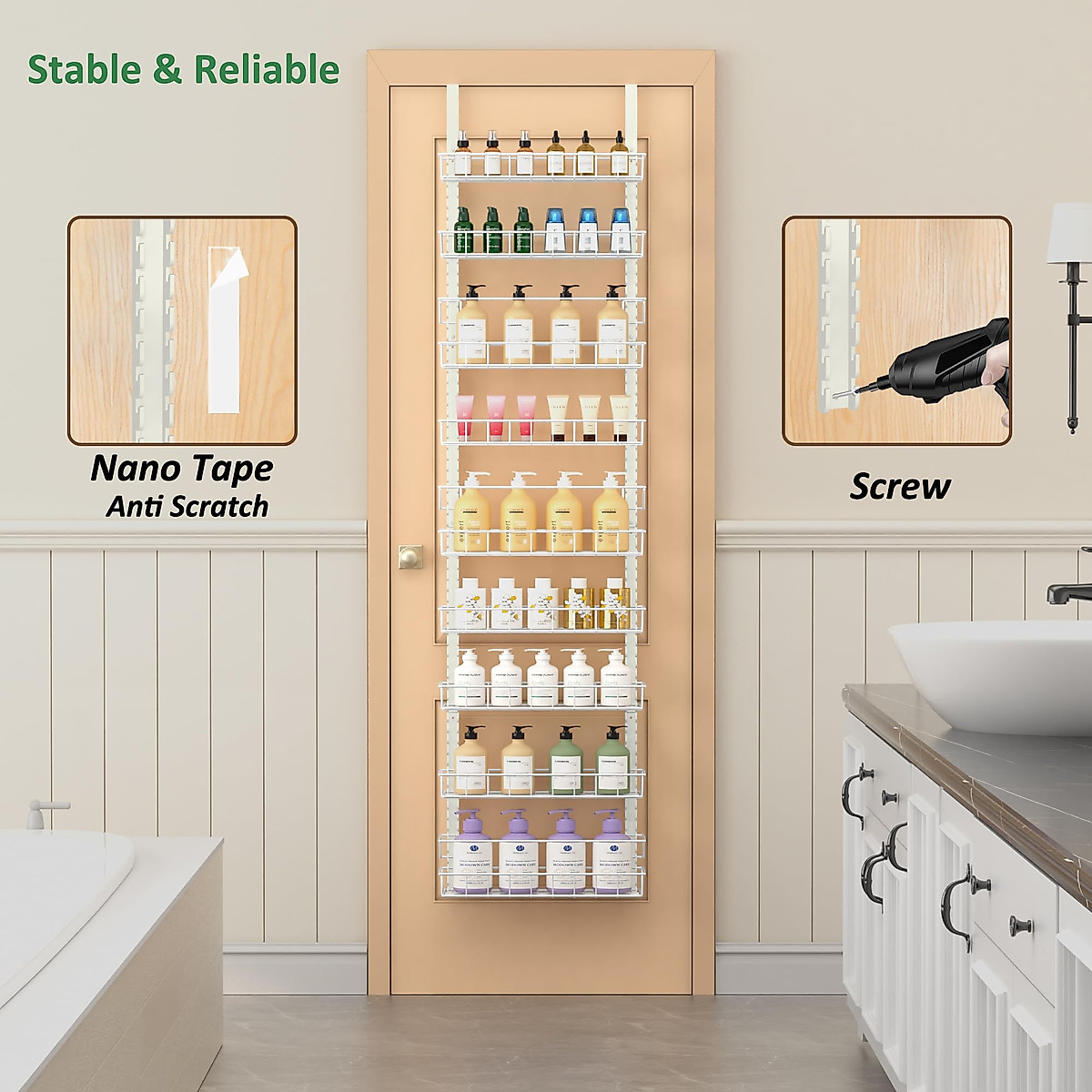 Churboro Over the Door Pantry Organizer Rack with 9 Adjustable Baskets, 9 Tiers Dual-use Hanging or Wall Mount Spice Rack Organizer, White