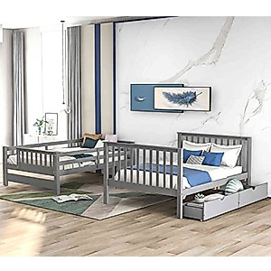 ATY Full Over Full Bunk Bed with Stairs and 6 Storage Drawers, Wood Stairway Bedframe w/ 3 Shelves, Can be Divided into Two Beds, No Box Spring Needed, Gray