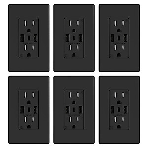 ELEGRP USB Wall Outlets, 3-Ports USB C Wall Outlets Receptacles, Matte Black 15 Amp Outlets with USB Ports, TR Tamper-Resistant USB Outlets, Screwless Wall Plate Included, UL & CUL Listed, 6 Pack