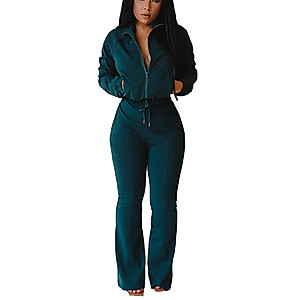 Bluewolfsea Tracksuit for Women Set - Two Piece Outfits Casual Long Sleeve Zip Top Sweatshirt + Bell Bottoms Jogging Sets Small Green