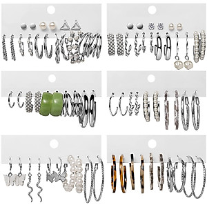 30 Pairs Gold Hoop Earrings Set for Women, Fashion Hoop Stud Drop Dangle Earrings Boho Statement Paperclip Hypoallergenic Earrings for Christmas Jewelry Gift (2-38-sliver)