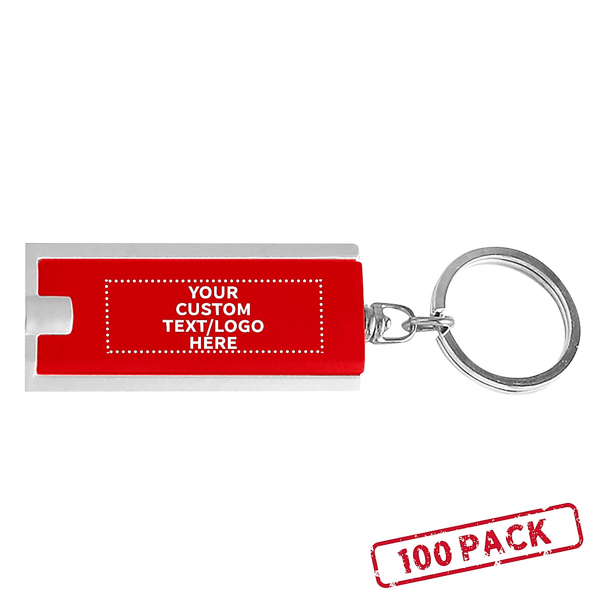 DISCOUNT PROMOS 100 Flashlight Keychains Pack - Customizable Text, Logo - Rectangle, Plastic - Red