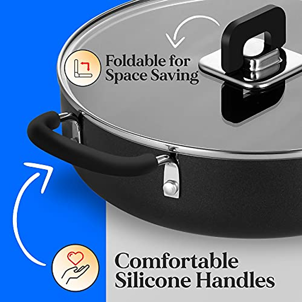 NutriChef Kitchenware Cookware, Non-Stick Pans and Pots with foldable Knob, Space Saving, Stackable, Nylon Tools, Induction Base, Black (17-Piece Set), One Size