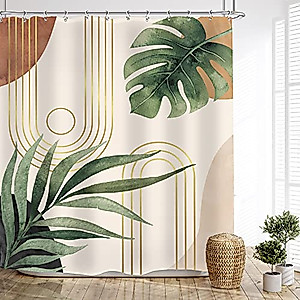 Glawry Green Leaf Mid Century Tropical Bohemian Shower Curtain for Bathroom Boho Abstract Plant Botanical Bathroom 60Wx72L Inches Palm Curve Minimalist Colorful Bath Accessories Art Home Decor Fabric