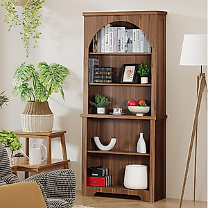 FurSch 71" Tall Arched Book Shelf,Walnut 5 Tier Wooden Arched Bookshelf,Arched Storage Cabinet Pantry for Living Room,Bedroom