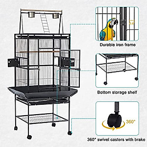 Kinsuite Large Bird Cage with Play Top, 68 Inch Iron Parrot Bird Cage with Rolling Stand for Parakeets Lovebird Cockatiel Pet Birds, Black