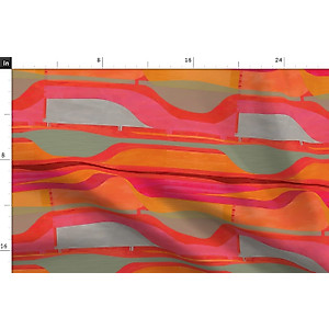 Spoonflower Fabric - Mid Century Corals Red Orange Coral Gray Modern Art Abstract Sunset Printed on Denim Fabric by The Yard - Bottomweight Apparel Home Decor Upholstery