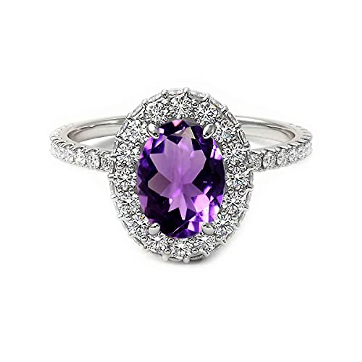 CaratYogi Natural-Amethyst 925 Sterling Silver Halo Design Ring Oval-Cut Wedding Engagement Ring Handmade Fashion Jewelry for Women Available in Size 8