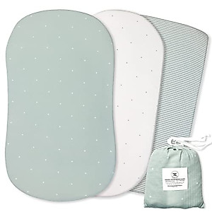 POPPI & MAX 100% Organic Cotton Bassinet Sheets for Boy Girl | 3-Pack Premium Jersey Bassinet Sheet Set | Fitted Baby Sheets for Standard Bassinet Pads | Bassinet Cover | Misty Sage Star Spot Stripe