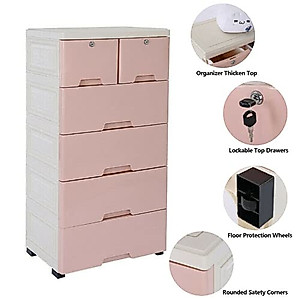 Plastic Storage Drawers, 5 Layers 6 Drawer Dresser Clothes Storage Plastic Closet Cabinet Organizer Container with 4 Wheel for Tower Home Office Bedroom Furniture (Pink)